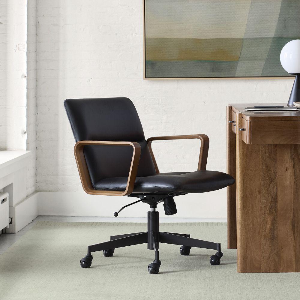 Cooper Leather Swivel Office Chair w Wood Arms